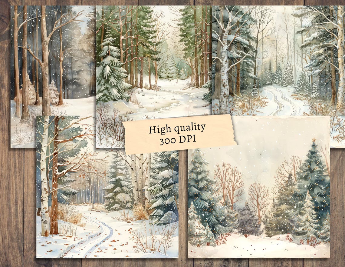 Winter Forest Digital Papers, Snowy Woodland Junk Journal Page ...