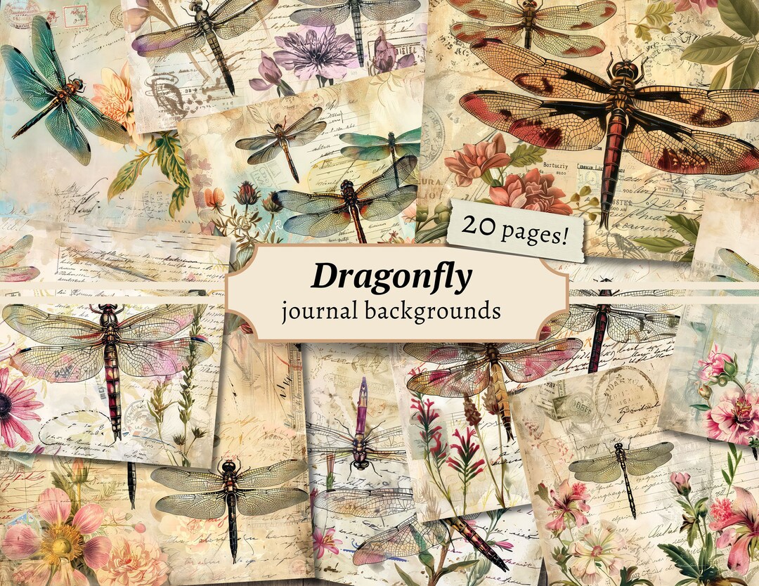 Dragonfly Backgrounds, Junk Journal Pages, Digital Scrapbook Paper Kit ...