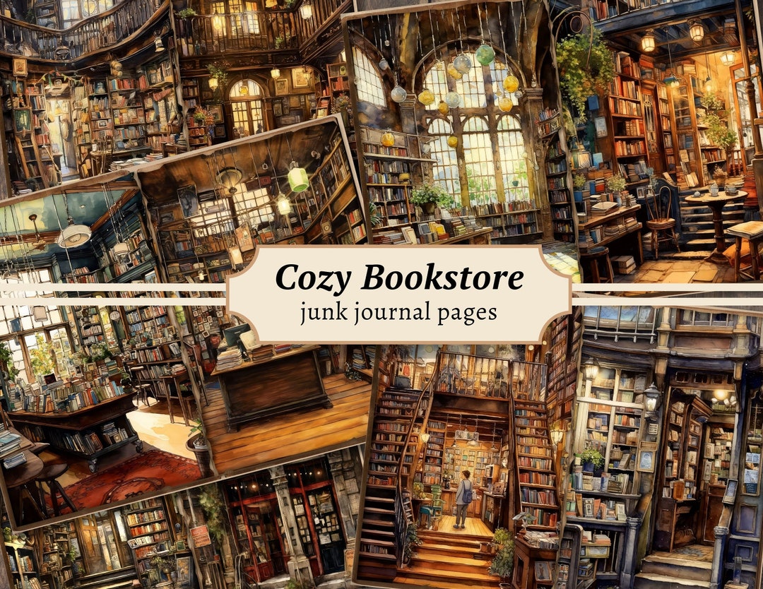 Cozy Bookstore Junk Journal Pages, Digital Scrapbook Paper Kit, Book ...