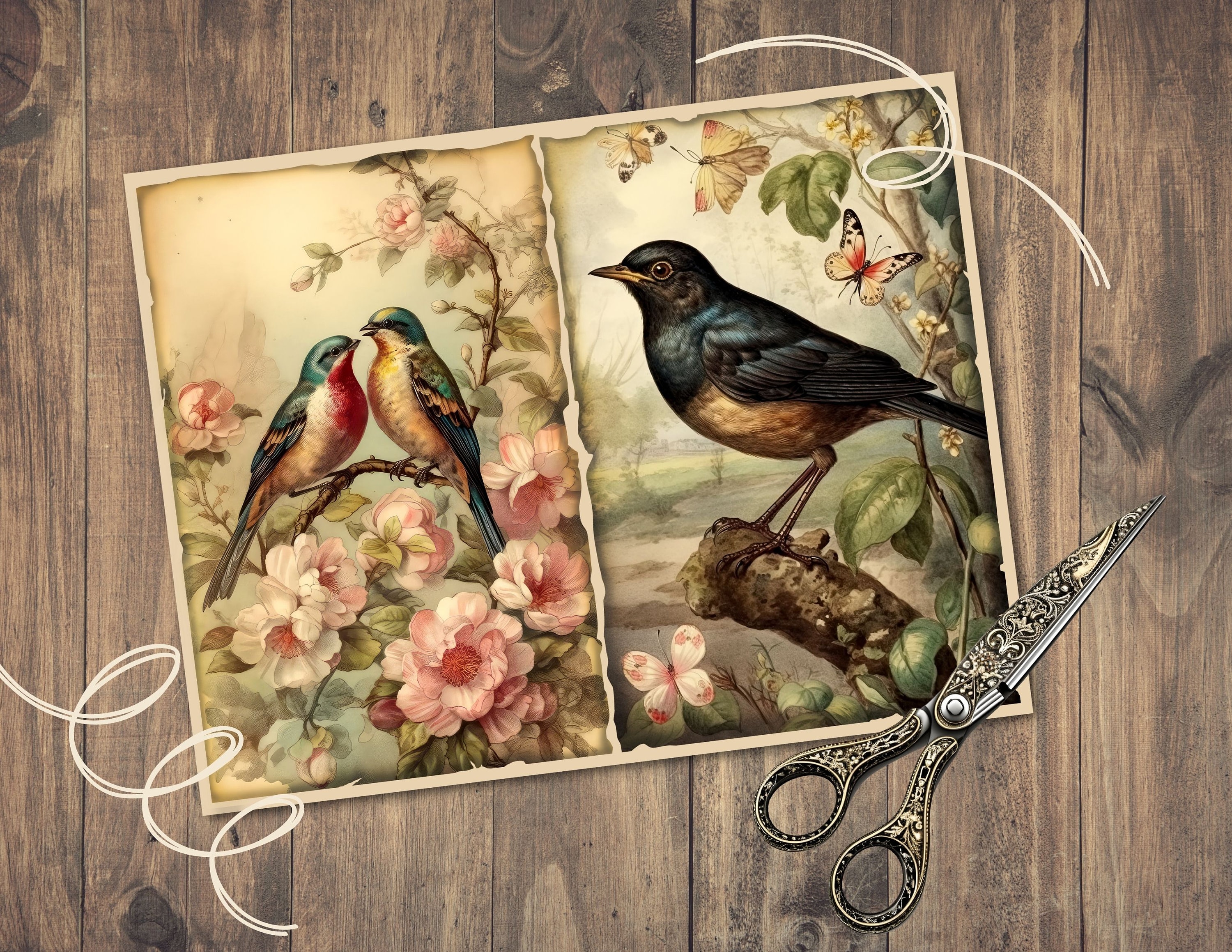 Vintage Bird Junk Journal Pages, Digital Floral Scrapbook Paper Kit ...