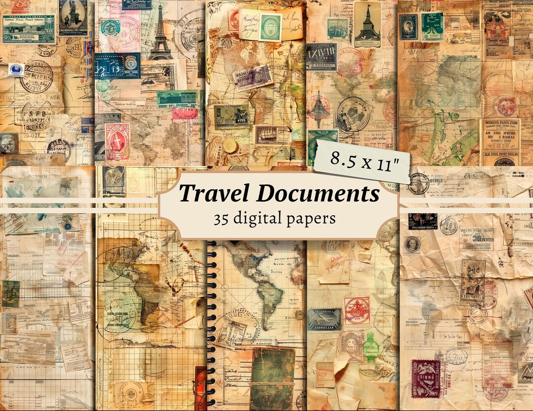 Travel Documents Digital Papers, Postage Stamps Scrapbook Kit, Maps ...