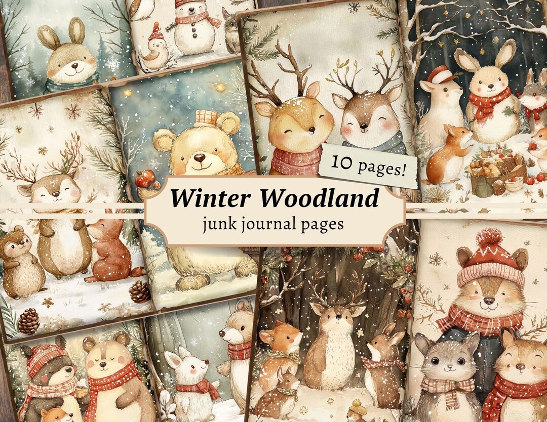 Winter Woodland Junk Journal Pages, Digital Scrapbook, Cute Animals ...