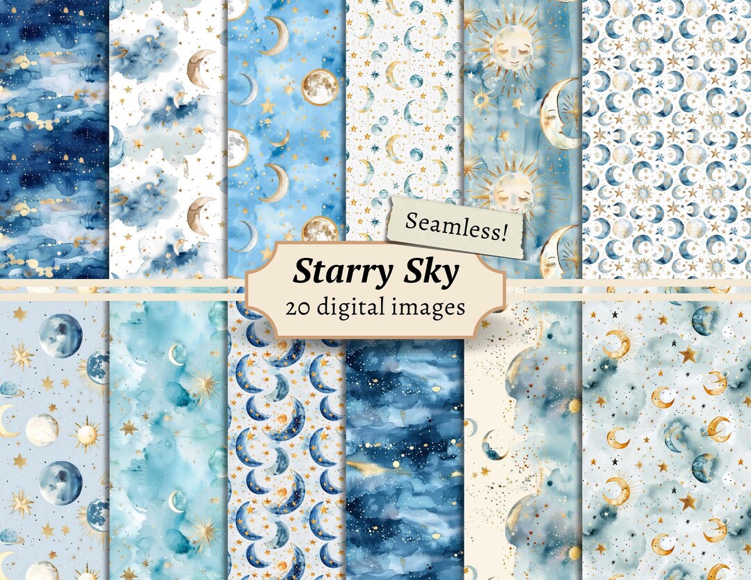 Starry Sky Seamless Digital Papers, Cute Celestial Scrapbook Background ...