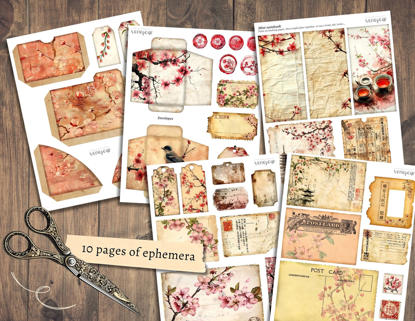 Japan Junk Journal Kit, Digital Scrapbook Paper, Cherry Blossom ...