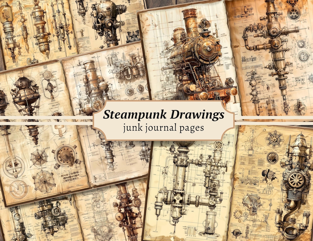 Steampunk Drawings Junk Journal Pages, Digital Industrial Paper ...