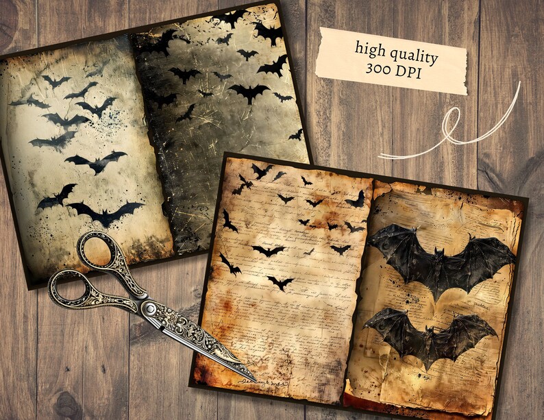 Creepy Bats Junk Journal Pages, Digital Scrapbook Paper Kit, Gothic ...