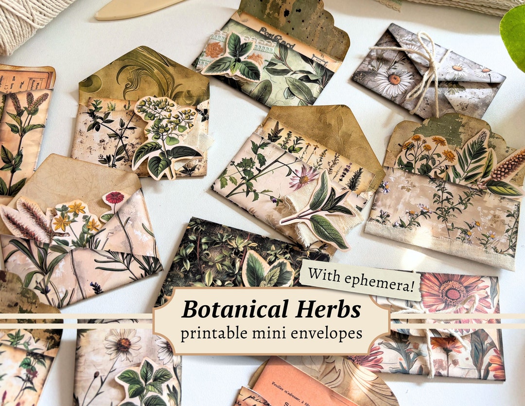 Botanical Herbs Mini Envelopes, Digital Ephemera, Herbal Printable ...