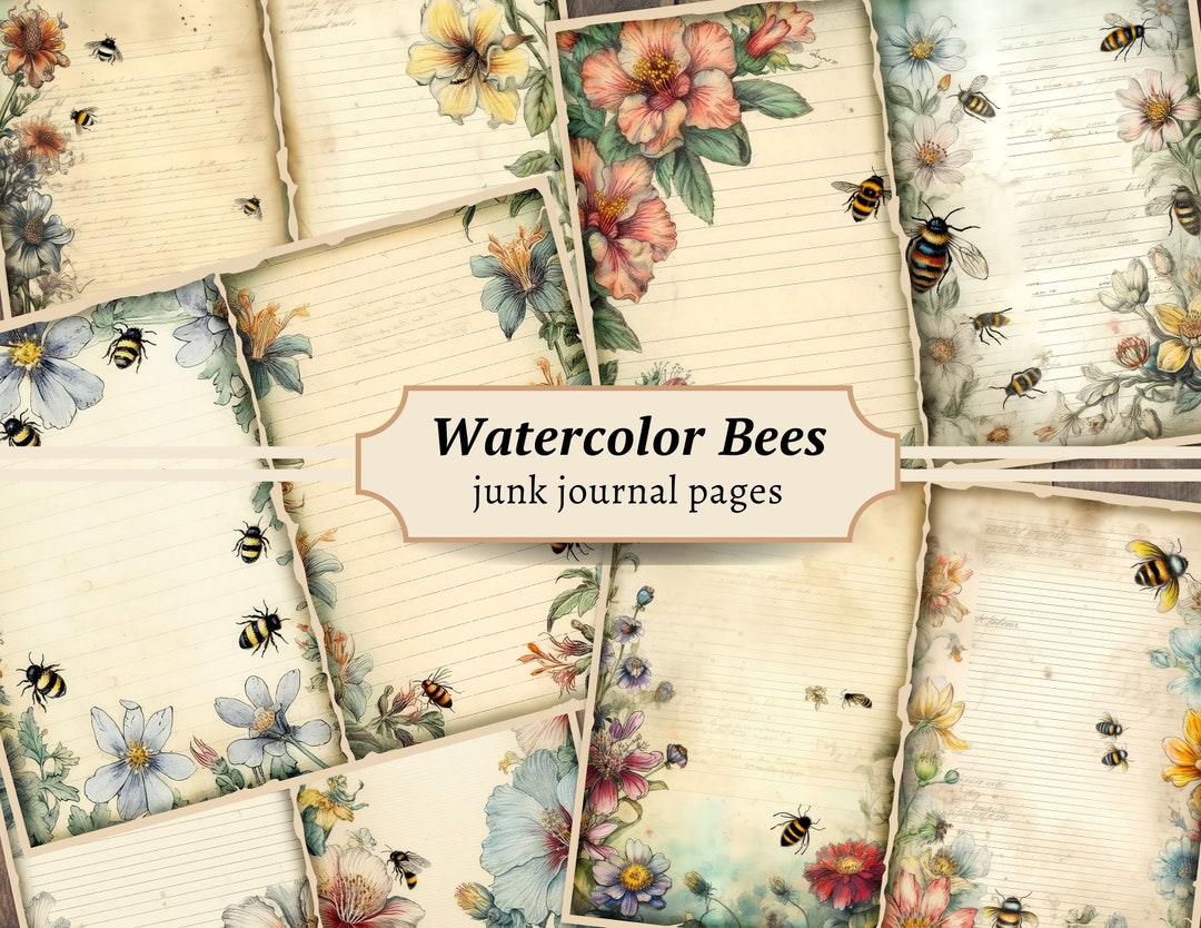 Watercolor Bee Junk Journal Pages, Digital Lined Paper, Vintage ...