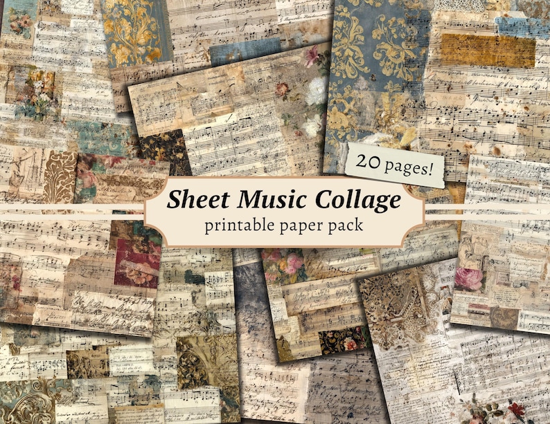 Sheet Music Collage Printable Paper Pack, Old Junk Journal Page ...