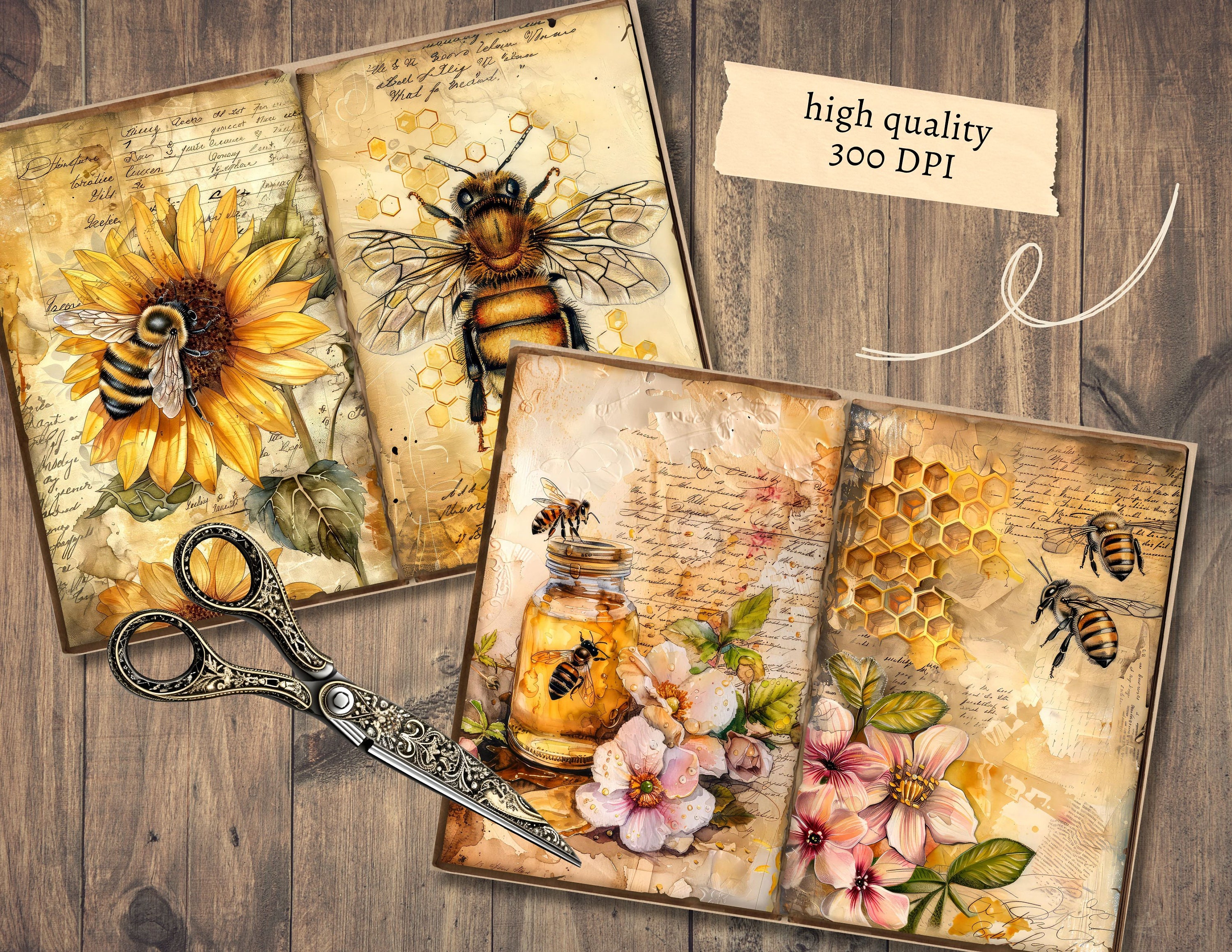 Honey Bee Junk Journal Pages, Digital Scrapbook Paper, Floral Bees ...