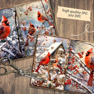 Winter Cardinal Junk Journal Pages, Digital Scrapbook Paper Kit, Snowy ...