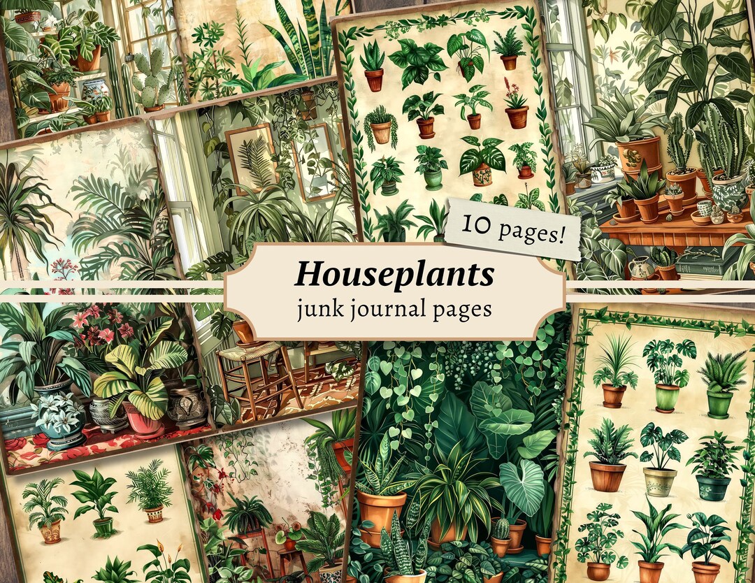Houseplants Junk Journal Pages, Digital Scrapbook Paper Kit, Botanical ...