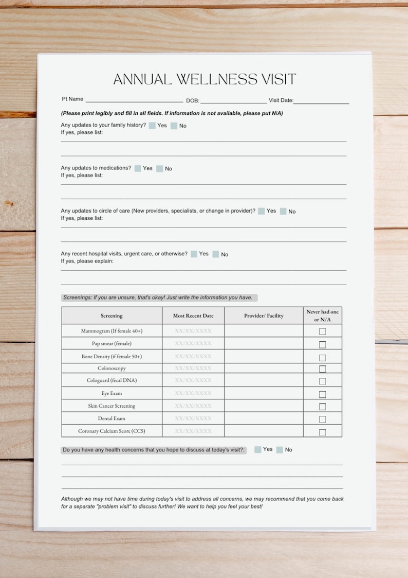 Annual Wellness Intake Form Internal Medicine Primary Care Paperwork ...