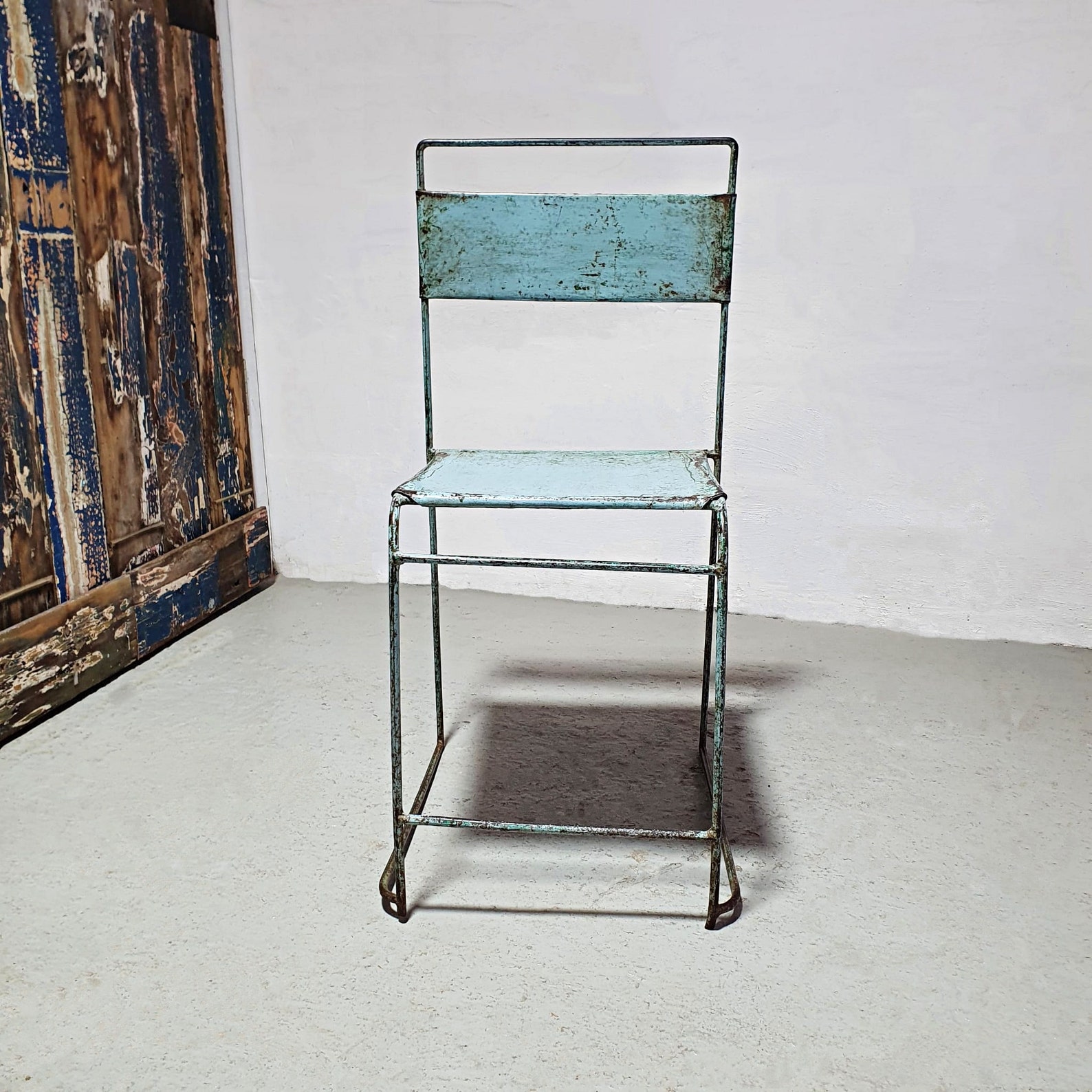 Vintage Industrial Stackable Blue Chair, Heavily Patinated, Cafe Bistro ...