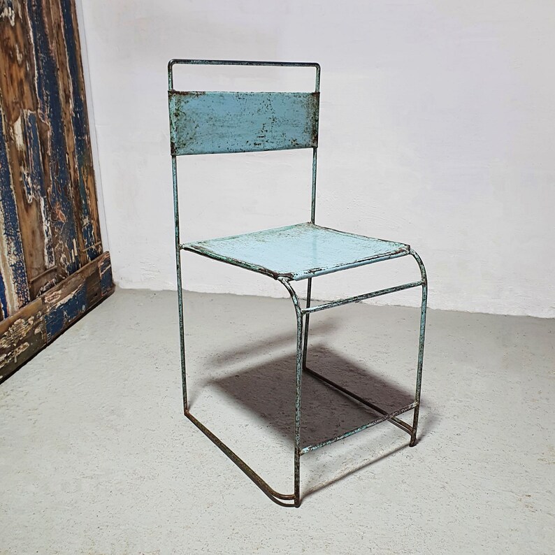 Vintage Industrial Stackable Blue Chair, Heavily Patinated, Cafe Bistro ...