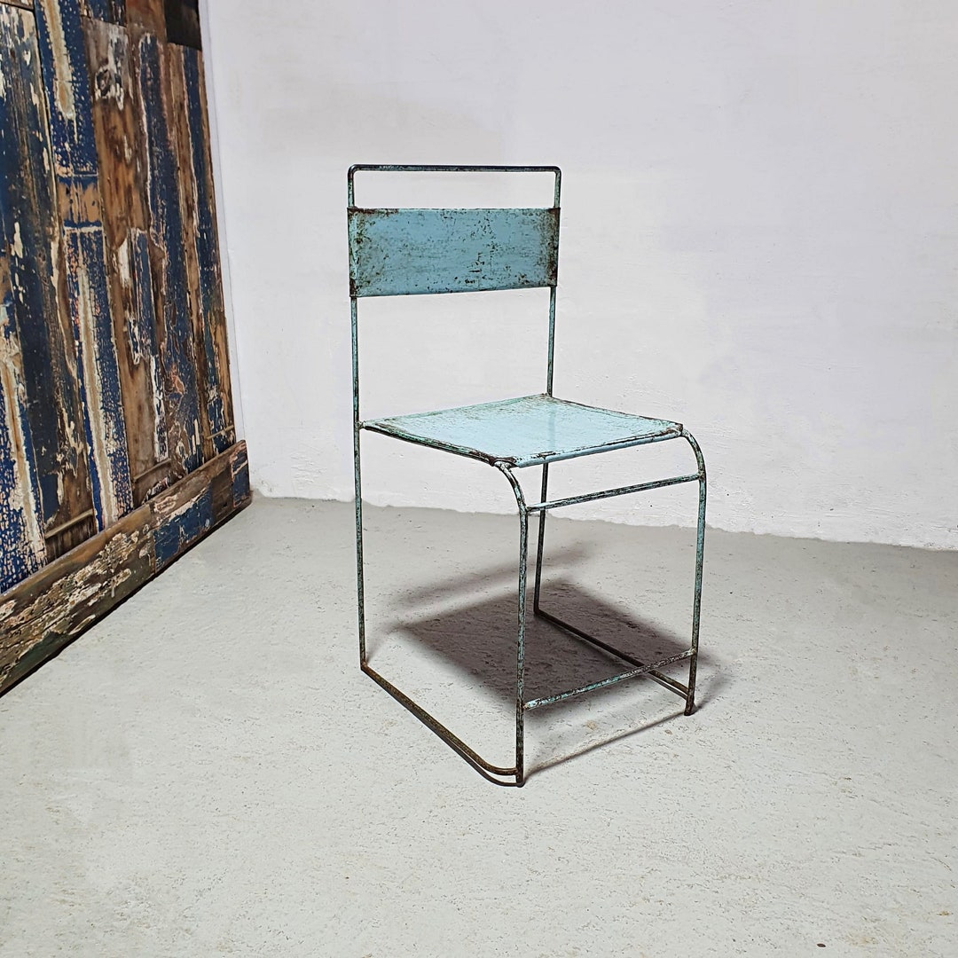 Vintage Industrial Stackable Blue Chair, Heavily Patinated, Cafe Bistro ...