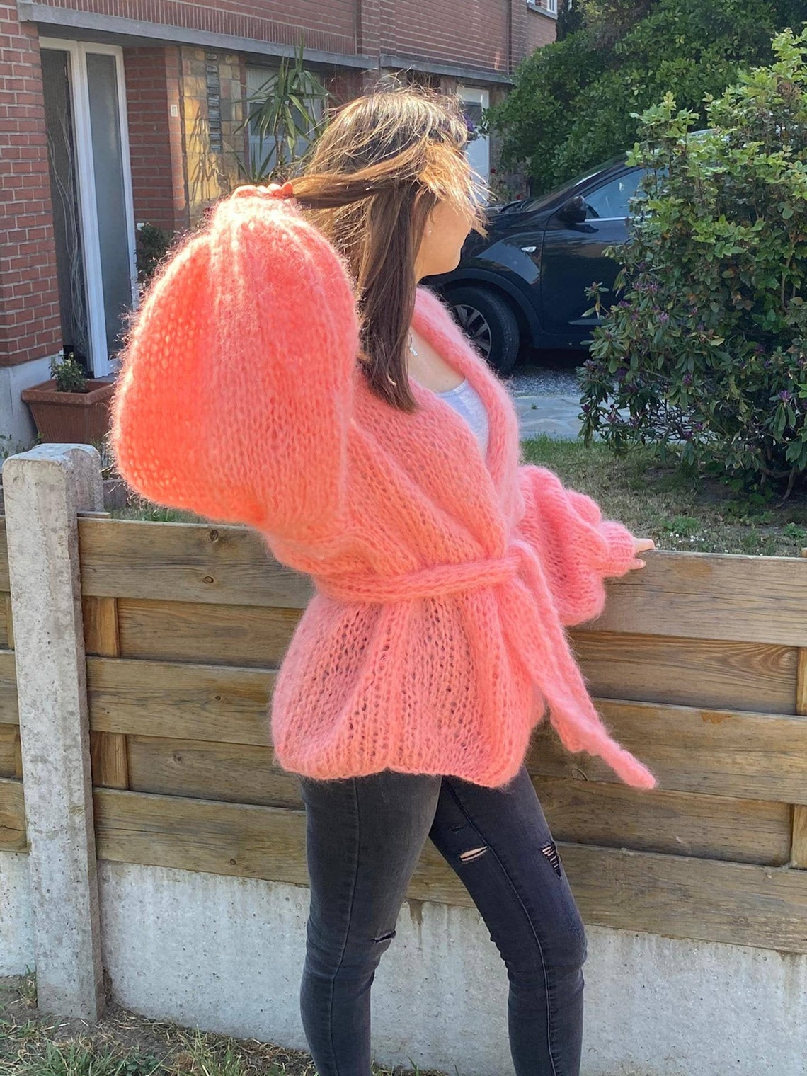 Mohair Vest. Coral. Giant Sleeves. Vest With Belt; Mohair Balloon ...