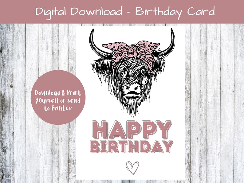 Highland Cow Birthday Card | Highland Cow Template Download | Digital ...
