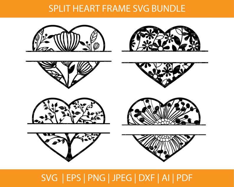 Split Heart Monogram Svg Bundle Floral Heart Frame Cut File - Etsy