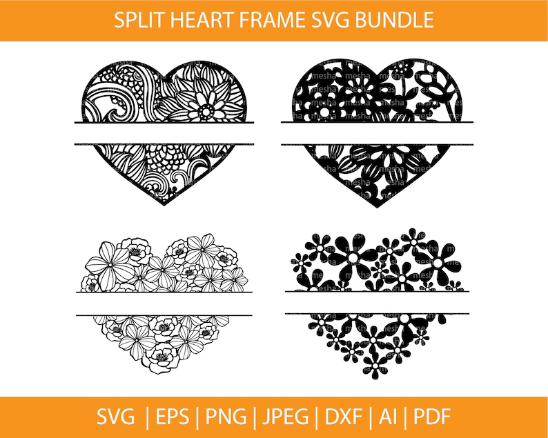 Split Heart Monogram Svg Bundle Floral Heart Frame Cut File - Etsy