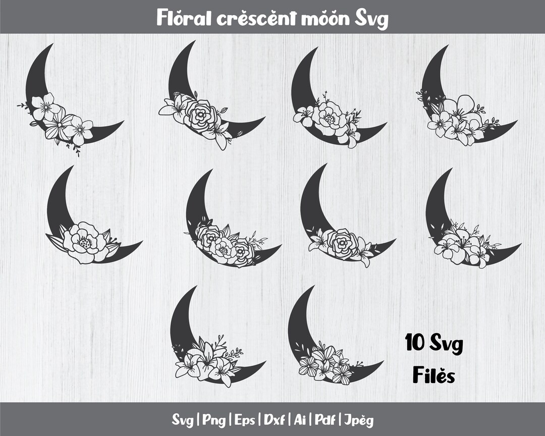Floral Crescent Moon SVG Bundle, Floral Moon SVG, Floral Moon Clipart ...