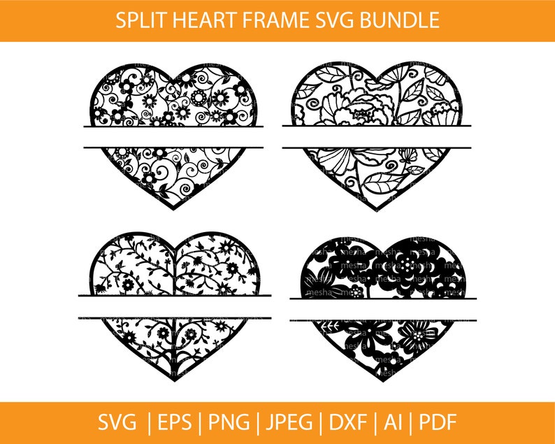 Split Heart Monogram Svg Bundle Floral Heart Frame Cut File - Etsy
