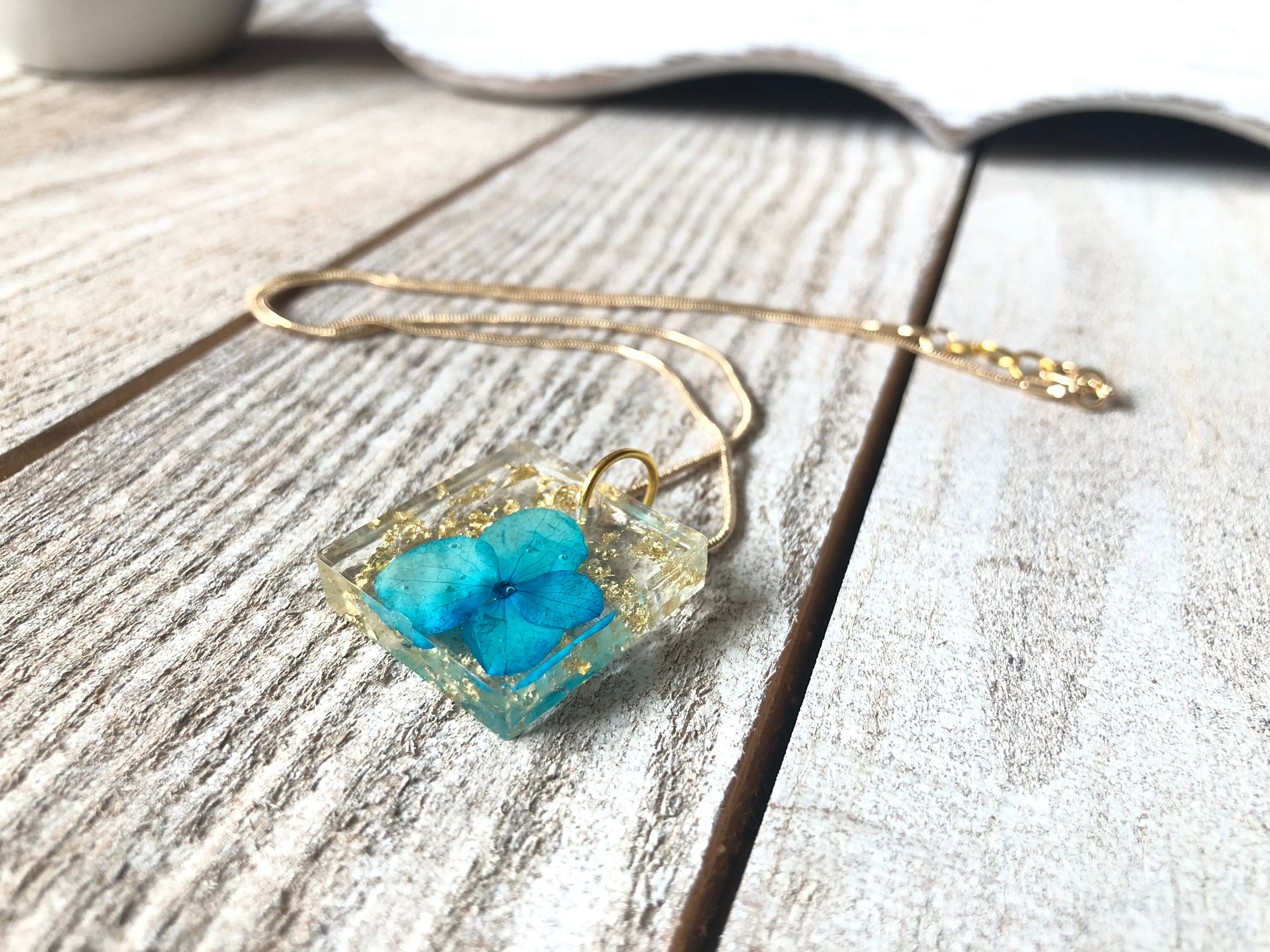 Resin Blue Flower Necklace With Gold Resin Flower Charm - Etsy