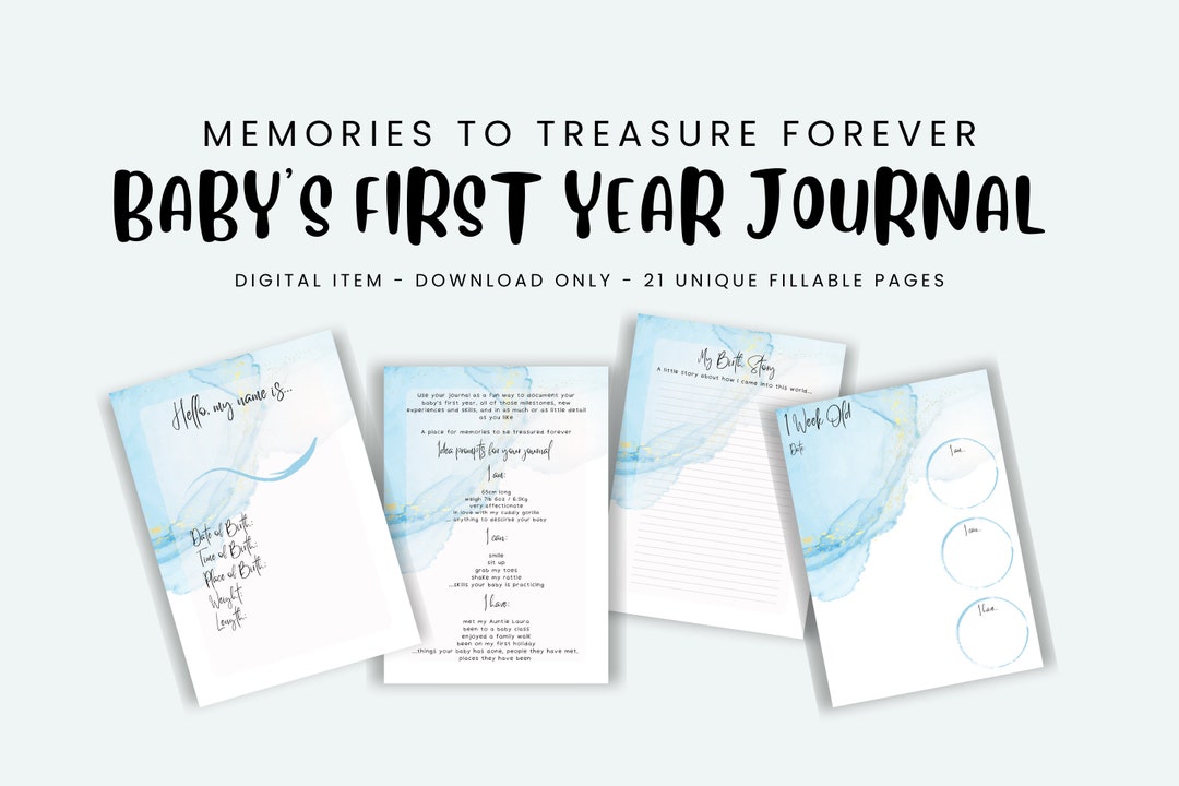 Baby's First Year Journal - Blue Gold Watercolour - Instant Printable ...
