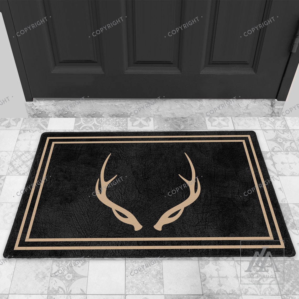 Antler Deer Framed Designed Black Indoor Door Mat Welcome Mat ...