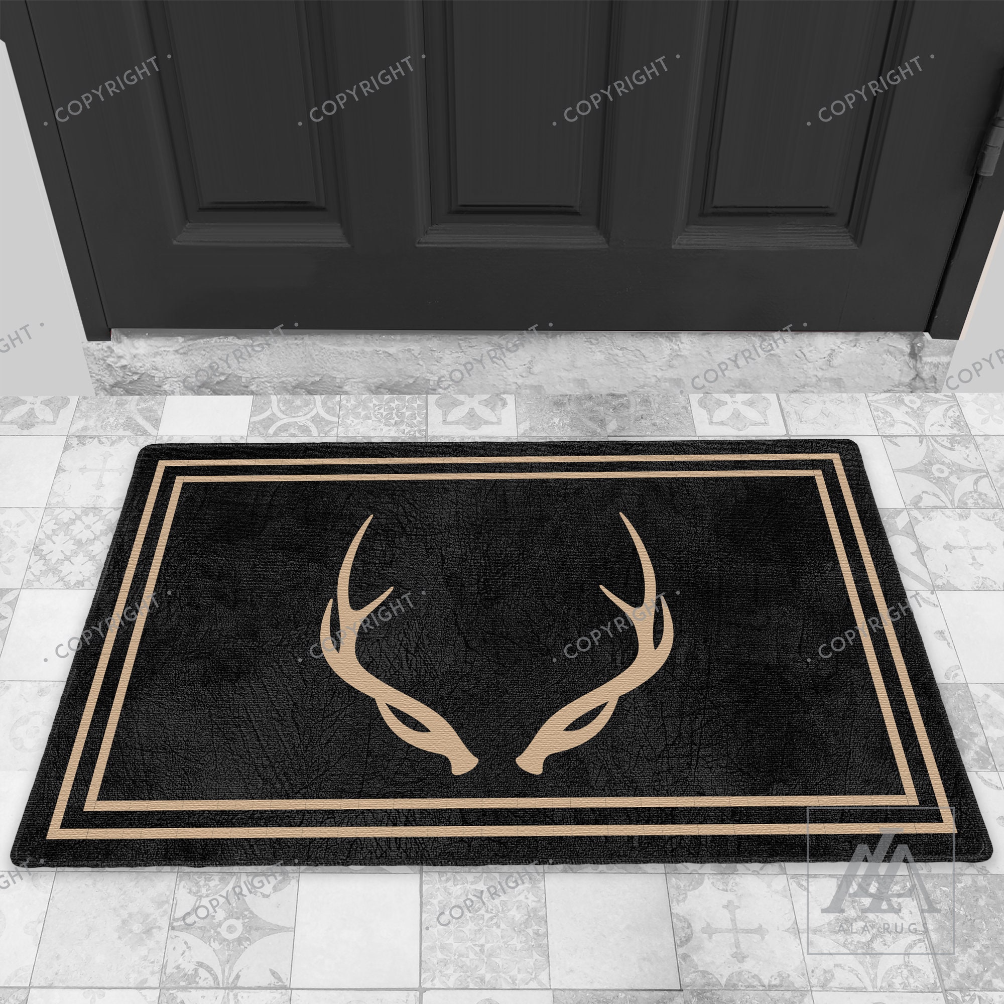 Antler Deer Framed Designed Black Indoor Door Mat Welcome Mat ...