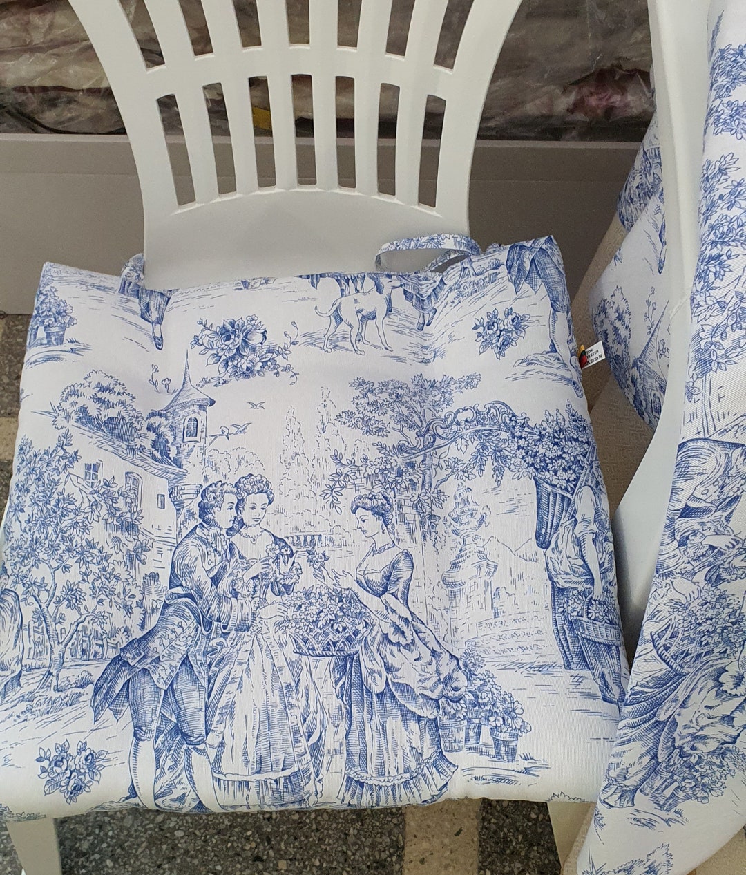 Blue Toile Chair Cushion: Cotton Mid-century Chair Pad With Ties - Etsy