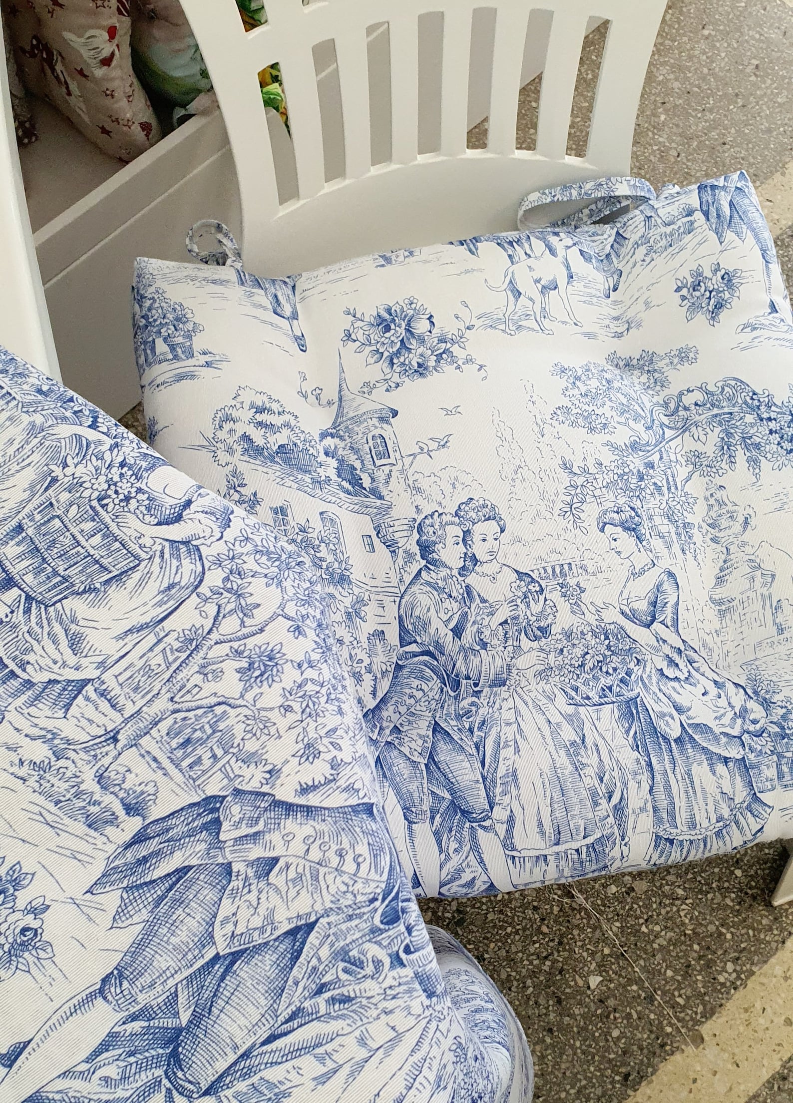 Blue Toile Chair Cushion: Cotton Mid-century Chair Pad With Ties - Etsy