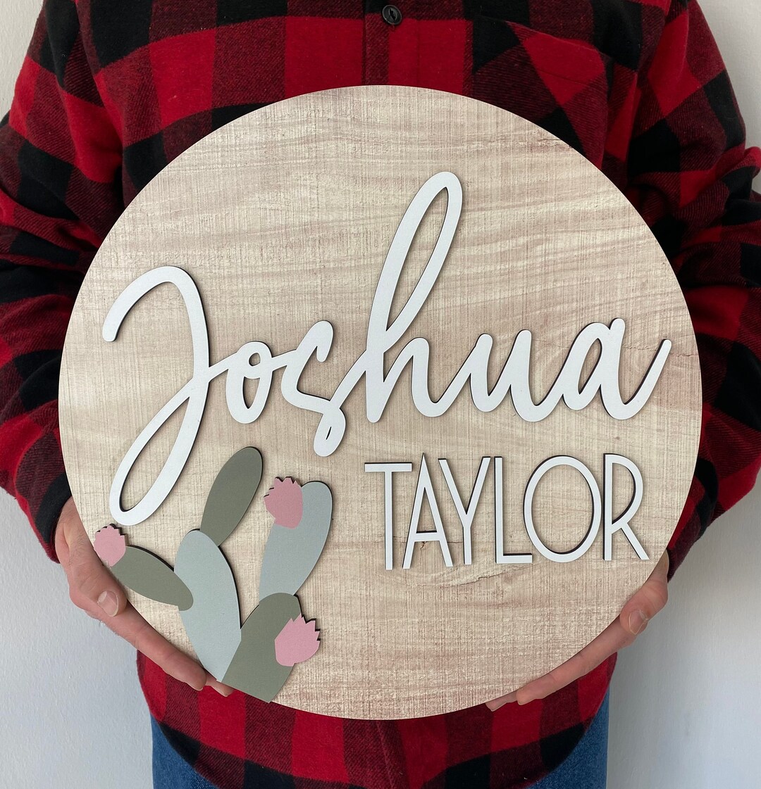 Round Baby Name Sign With Cactus, Nursery Decor, Baby Shower Gift ...