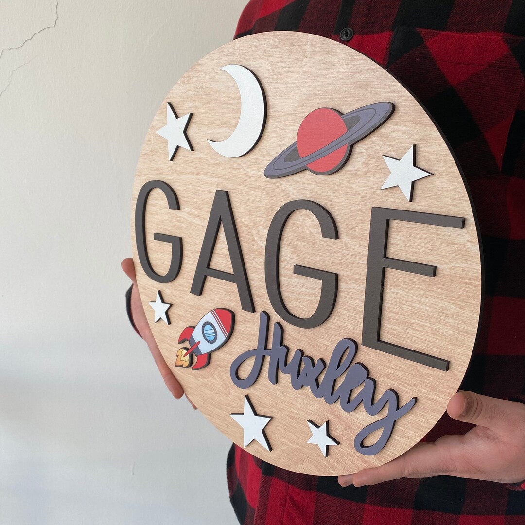 Round Baby Name Sign With Space Theme Nursery Decor Baby - Etsy