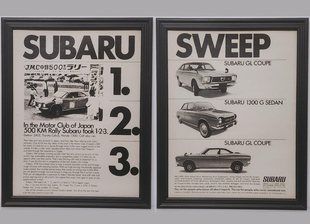 Framed Vintage 70's Car Ad 1972 Subaru Lineup GL Coupe 1300 Sedan and ...