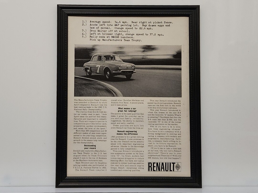 Framed 60's Vintage Car Ad 1962 Renault Gordini Rally Racing Race Champ ...