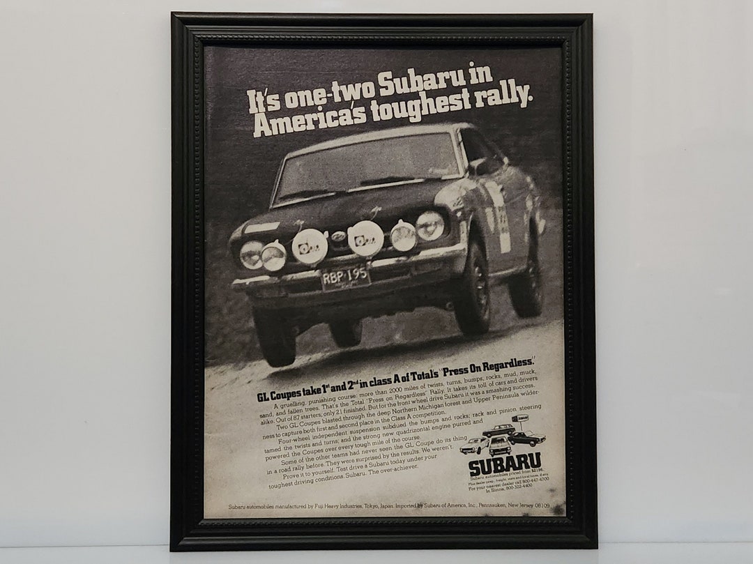 Framed Vintage 70's Car Ad 1973 Subaru GL Coupe Rally Race Car Classic ...
