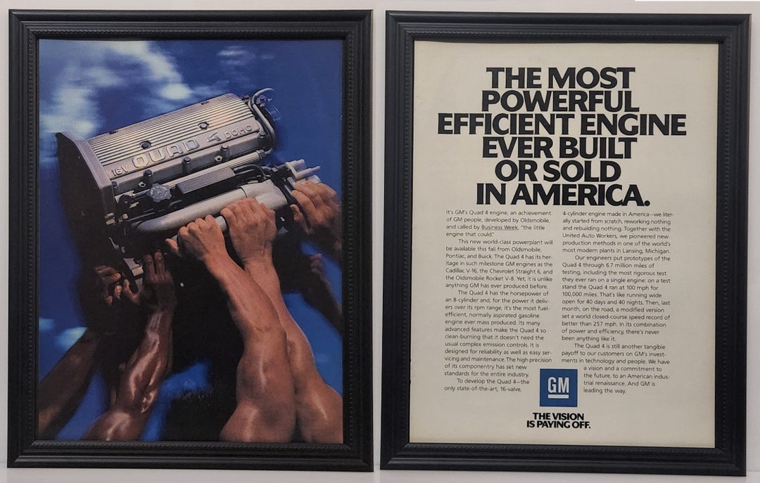 Framed 80's Car Ad '88 GM Quad 4 Motor Olds Buick Chevrolet Pontiac ...