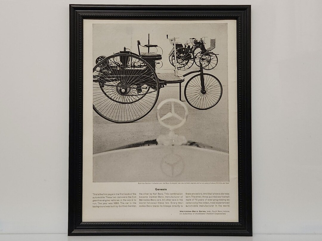 Framed 60's Vintage Car Ad 1886 Mercedes Benz Patent-motorwagen ...