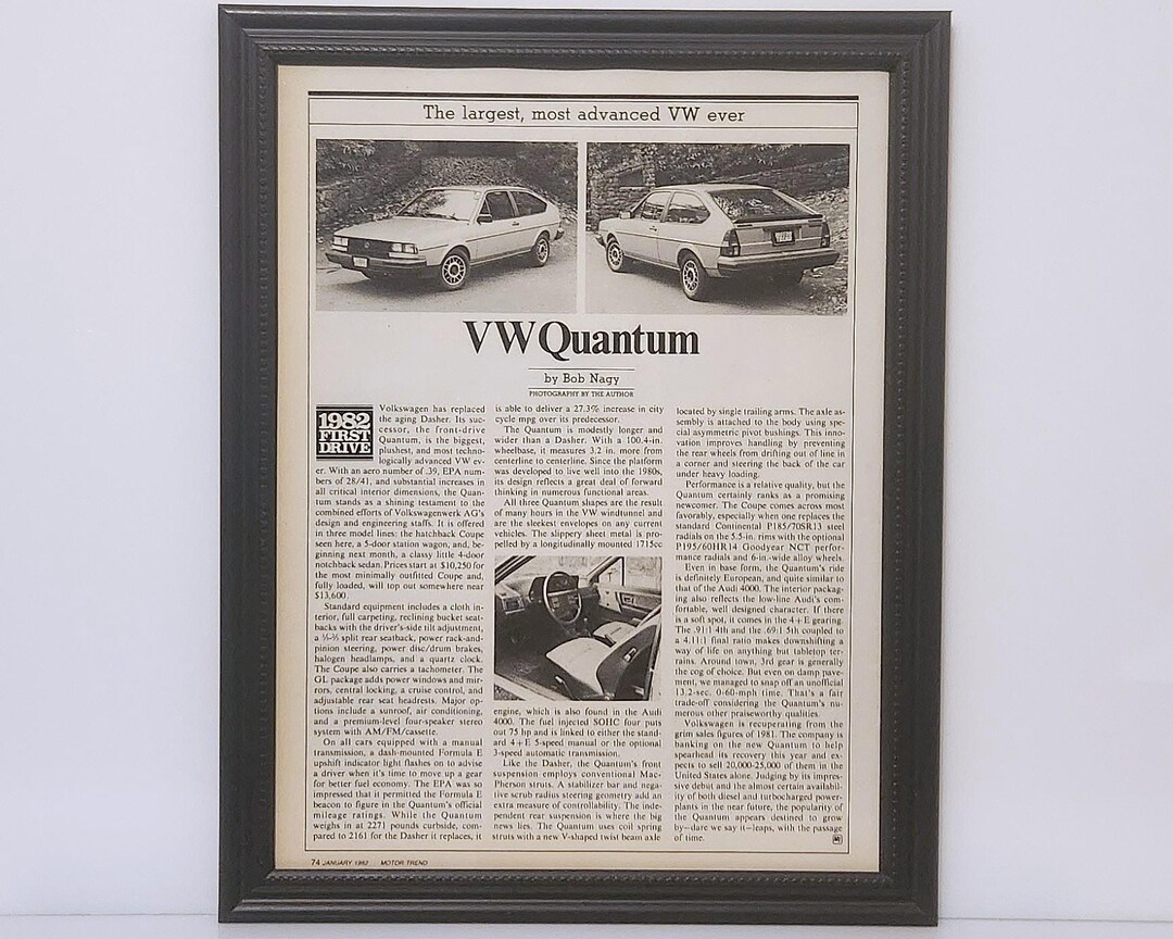 Framed Vintage 80's Car Article 1982 Volkswagen Quantum Hatchback Coupe ...