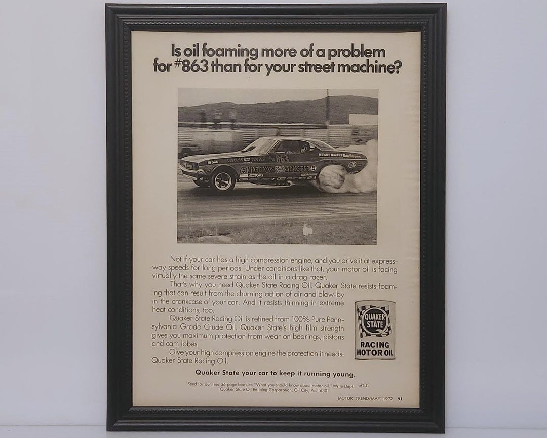 Framed Vintage 70's Quaker State Ad 1970 Dodge Challenger Virginia ...