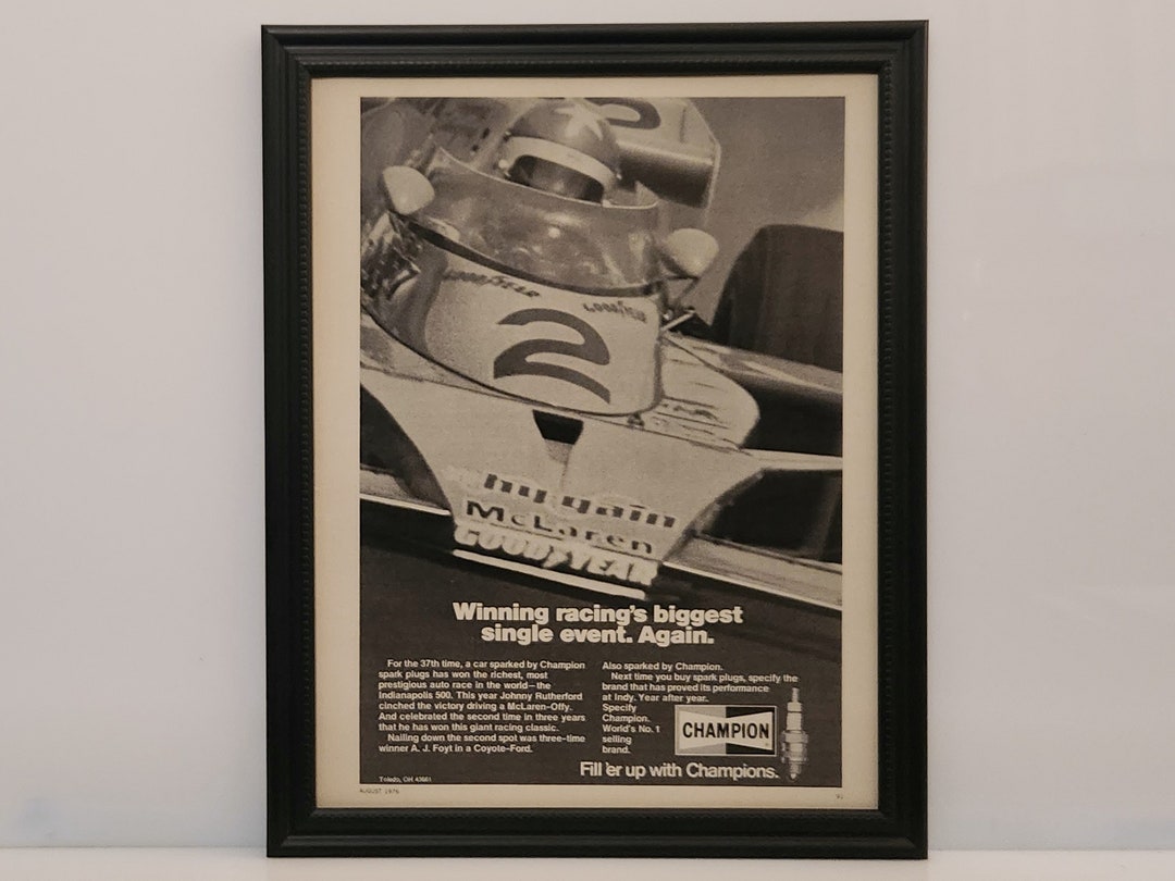 Framed Vintage 70's Champion Ad 1976 Mclaren M16 Race Car Indy 500 ...