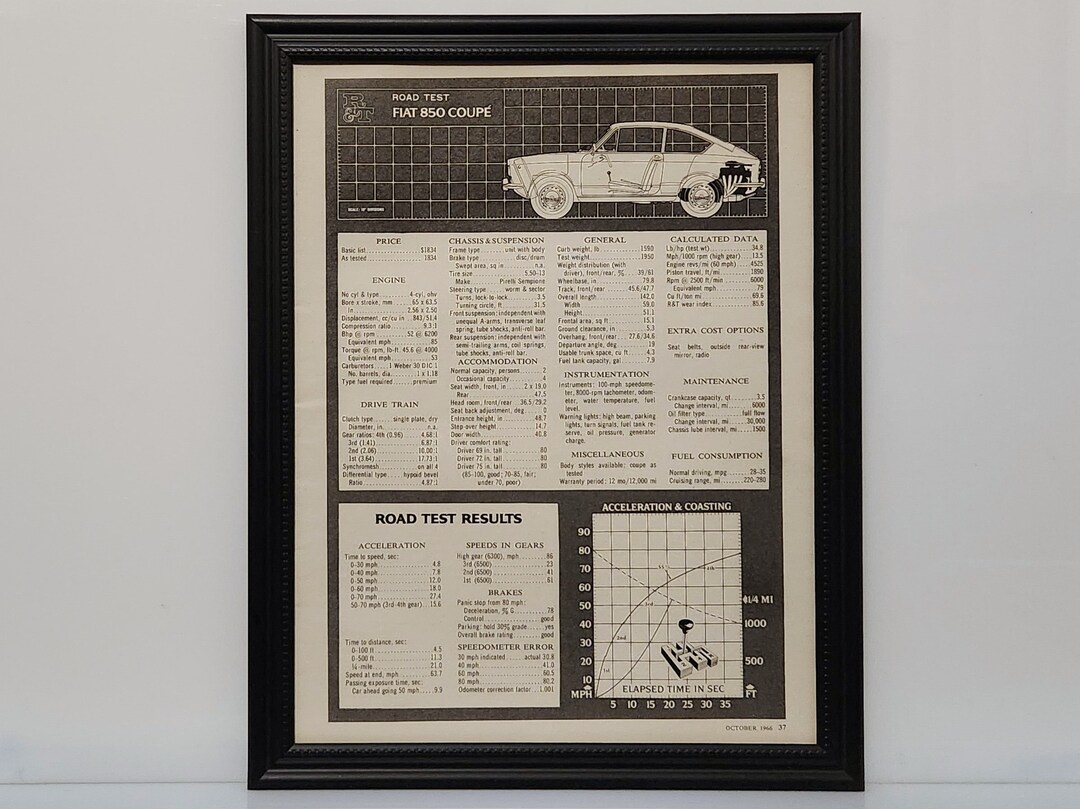 Framed 60's Vintage Car Ad Fiat 850 Coupe 1966 Specs Road Test Magazine ...