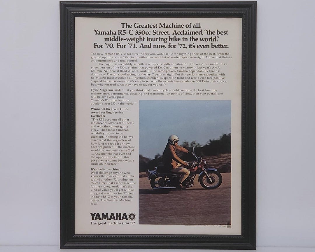 Framed Vintage 70's Bike Ad 1972 Yamaha R5 C 350 Classic Motorcycle Advertisement Wall Art Photo ...