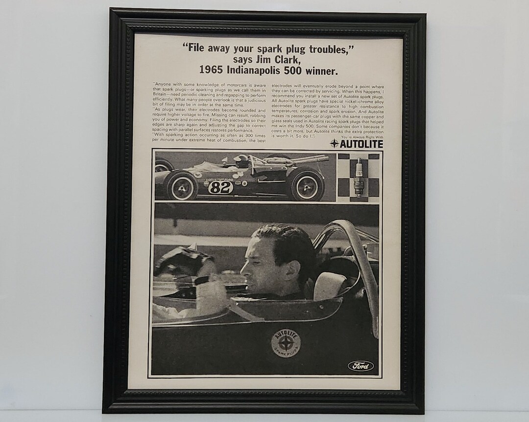 Framed Vintage 60's Champion Ad 1965 Jim Clark Indy 500 Race Car Ford ...