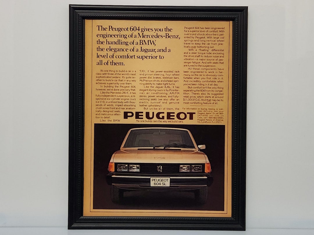 Framed Vintage 70's Car Ad Peugeot 604 1977 Classic Advertisement ...
