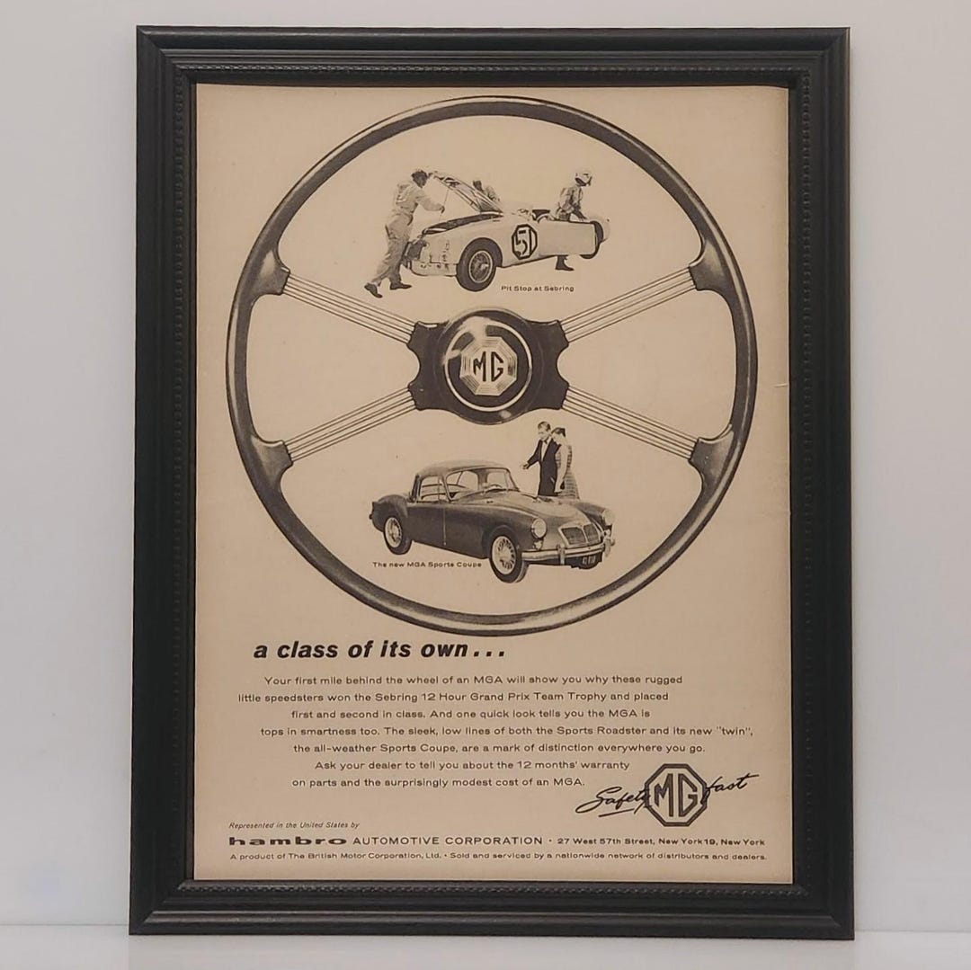 Framed Vintage 50's Car Ad 1957 MG MGB Coupe & Sebring Race Car Classic ...
