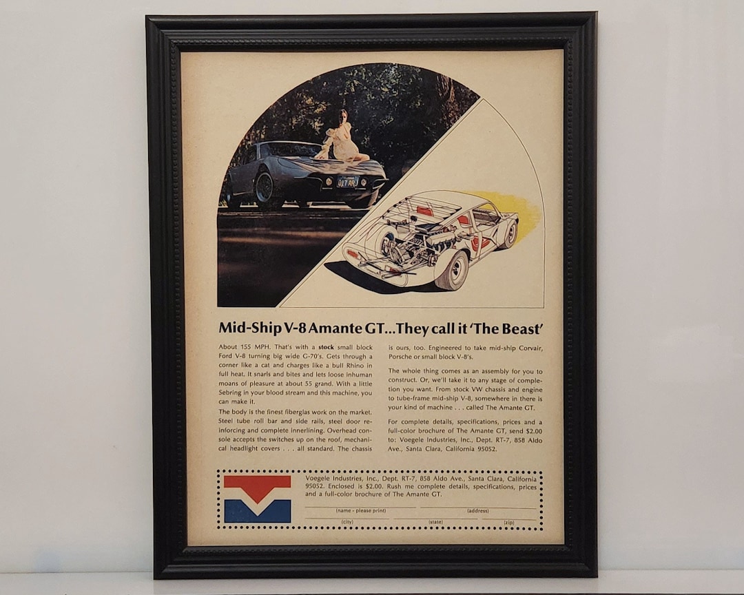 Framed Retro 70's Car Ad 1970 Amante GT Kit Car Advertisement Vintage ...