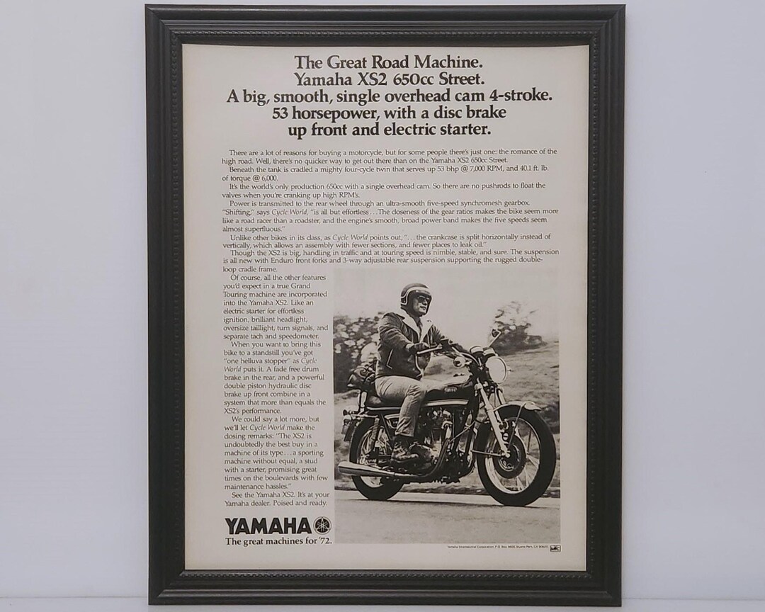 Framed Vintage 70's Bike Ad 1972 Yamaha XS2 XS650 Classic Motorcycle ...