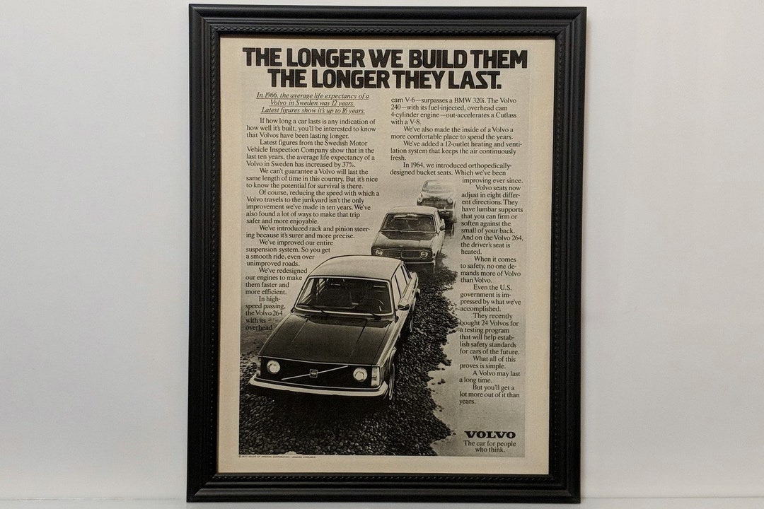 Framed Vintage 70's Car Ad Volvo Sedan 264 240 254 DL 1977 Classic B&W ...
